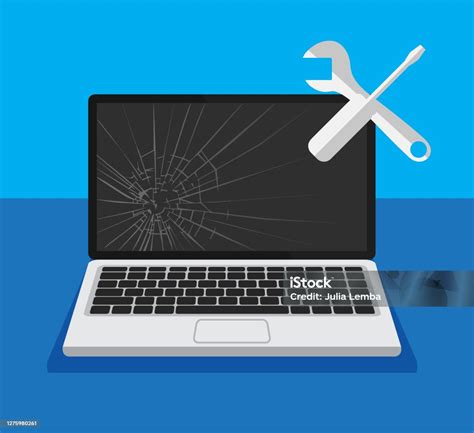 작업 도구 아이콘이 있는 검은색 깨진 노트북 디스플레이 개발에 대한 스톡 벡터 아트 및 기타 이미지 개발 깨짐 노트북