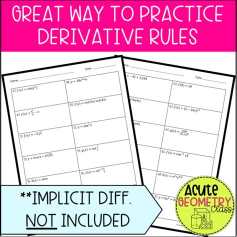 Calculus Derivative Practice Worksheet Power Product Quotient