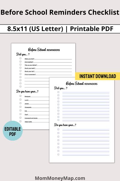 Before School Reminders Checklist Printable Pdf Mom Money Map