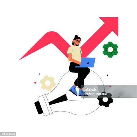 흰색 배경에 고립 된 창의성 성장 및 디지털 혁신을 상징하는 평면 벡터 일러스트 레이 션에서 위쪽 화살표가 있는 전구에 앉아 있는 여자 개념에 대한 스톡 벡터 아트 및 기타