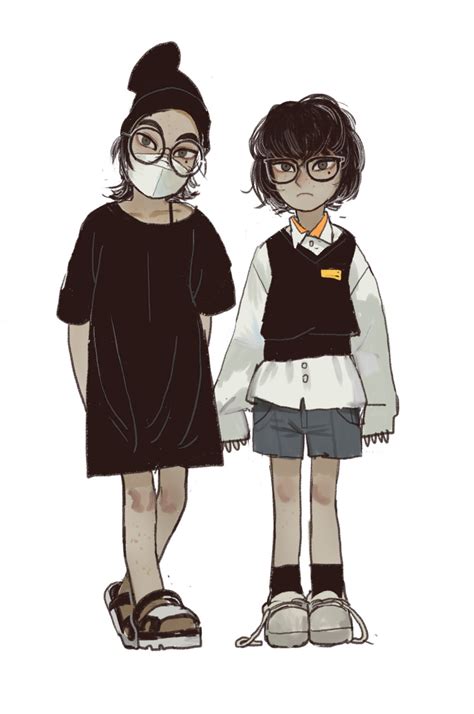 Safebooru 2girls Artist Self Insert Black Framed Eyewear Black Eyes