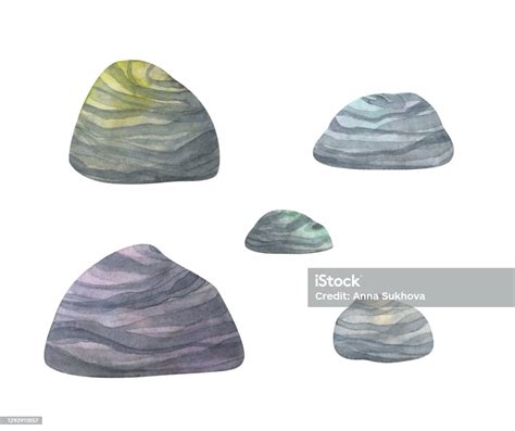 색깔의 돌 만화 스타일의 수채화 클립 아트 컬렉션 자연 장식을 위해 흰색 배경에 고립 된 장식 자갈 0명에 대한 스톡 벡터 아트 및 기타 이미지 Istock