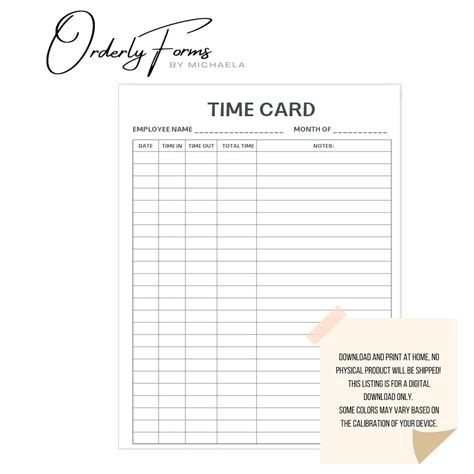 Time Card Printable Employee Hours Work Schedule Tracker Work Log