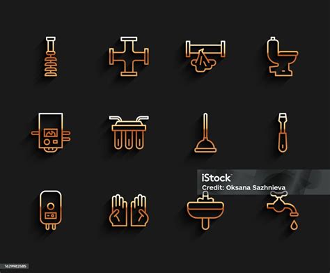 세트 라인 전기 보일러 고무 장갑 화장실 브러시 세면대 수도꼭지 필터 드라이버 및 플런저 아이콘 벡터 가정 생활에 대한 스톡 벡터 아트 및 기타 이미지 Istock