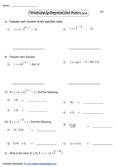 Exponential Functions Easy 1 Name Es A Evaluate Each Function At