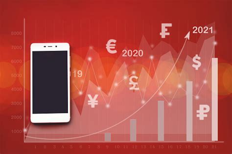 가상 홀로그램 통계 그래프 통화 아이콘 다른 나라와 빨간색 배경에 흰색 휴대 전화의 모형 이미지 돈 절약 금융의 개념 저축 돈 소득 투자 아이디어 관리 0명에 대한 스톡