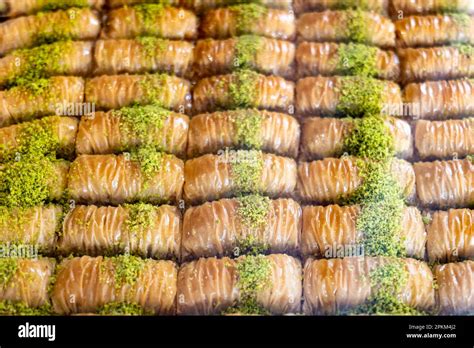 Pistachio Baklava On Display Traditional Middle Eastern Dessert Pastry