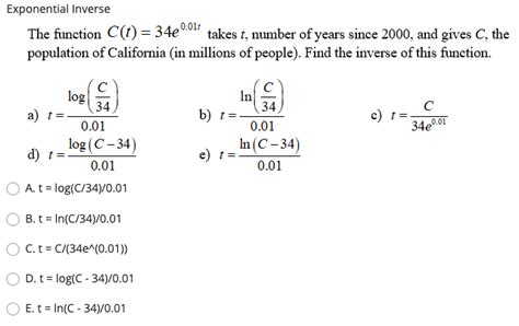 Solved Exponential Inverse The Function C T 34e0 011 Takes Chegg Com