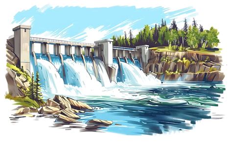 A Drawing Of A Dam With A River And Trees In The Background Premium