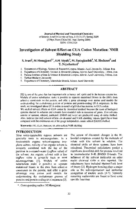 Pdf Investigation Of Solvent Effect On Cua Codon Mutation Nmr