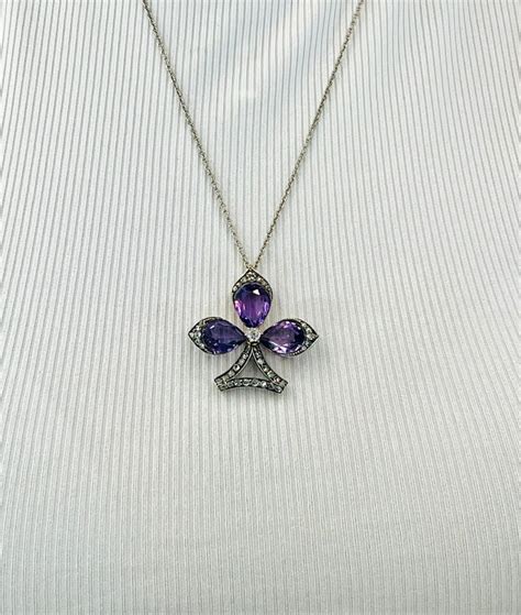 Victorian Era Fleur De Lis Pendant Necklace Diamonds And Amethyst