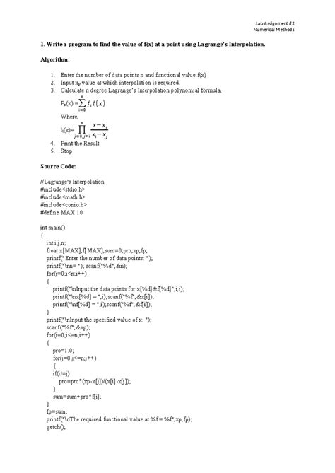 2 Nm Numerical Methods 1 Write A Program To Find The Value Of Fx At A Point Using Lagrange