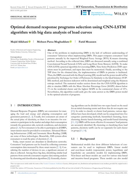 Pdf Optimal Demand Response Programs Selection Using Cnn‐lstm Algorithm With Big Data Analysis