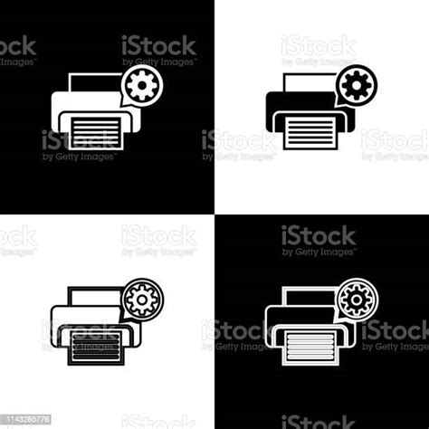 흑백 배경에 고립 된 프린터 및 기어 아이콘을 설정 합니다 조정 응용 프로그램 서비스 개념 설정 옵션 유지 보수 수리 고정 벡터 일러스트 개념에 대한 스톡 벡터 아트 및