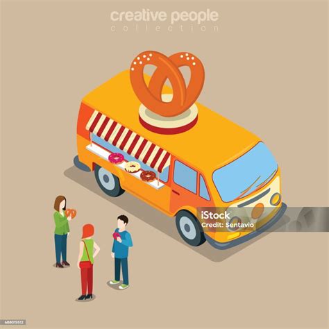 행복 한 히피 밴에 도너츠 쿠키 베이커리 카페 패스트 푸드 거리 비스트로 레스토랑 평면 3d 아이소메트리 아이소메트릭 개념 웹 벡터 일러스트 레이 션 크리에이 티브 사람들이