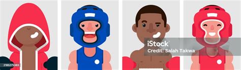 권투 남자의 평면 초상화 세트입니다 컬러 만화 캐릭터 스포츠 선수 남자 프로필 사진 벡터 일러스트 레이 션의 컬렉션 감정에 대한 스톡 벡터 아트 및 기타 이미지 Istock