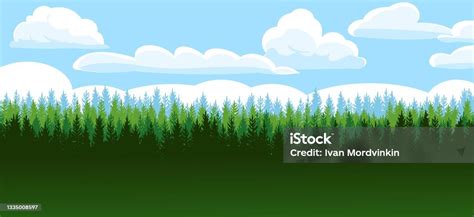 소나무 숲 수분 나무의 실루엣 야생 풍경 수평 만화 구름 멋진 파노라마 뷰 아름답게 일러스트 벡터 0명에 대한 스톡 벡터 아트 및 기타 이미지 Istock