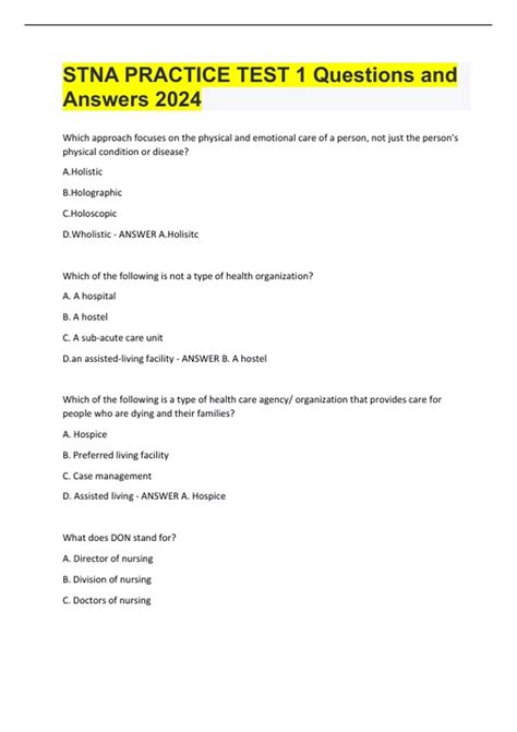 Stna Practice Test 1 Questions And Answers 2024 Stna Stuvia Us