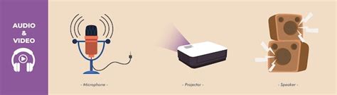 마이크 프로젝터 및 스피커 아이콘 오디오 및 비디오 설정 개념 컬러 평면 그래픽 벡터 일러스트 절연 프리미엄 벡터