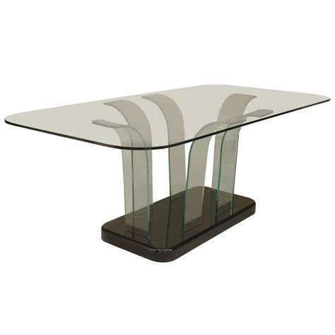 Thick Rounded Square Glass Top Dining Table On Thick Glass Pedestal