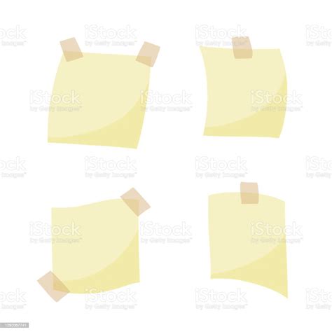 스티커 끈적 끈적한 테이프가있는 빈 종이 조각 미리 알림 및 텍스트를 위한 배치합니다 다른 모양의 개체 집합입니다 빈 시트 플랫 만화 일러스트레이션 0명에 대한 스톡 벡터