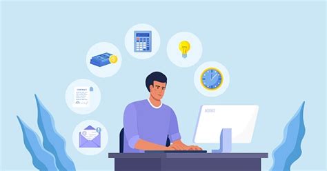 사무실에서 컴퓨터에 앉아서 동시에 많은 작업을 수행하는 사업가 프리랜서 노동자 멀티태스킹 기술 효과적인 시간 관리 및 생산성 개념 경영자에 대한 스톡 벡터 아트 및 기타