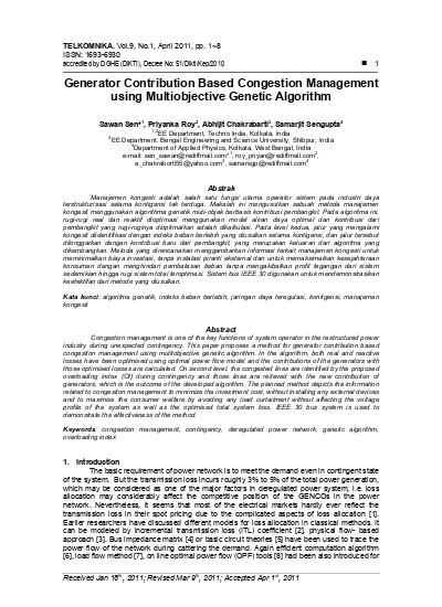 Generator Contribution Based Congestion Management Using Multiobjective Genetic Algorithm