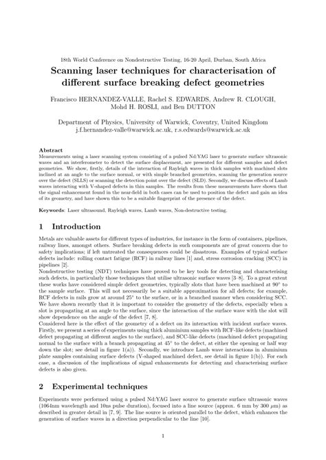 Pdf Scanning Laser Techniques For Characterisation Of Different Surface Breaking Defect Geometries