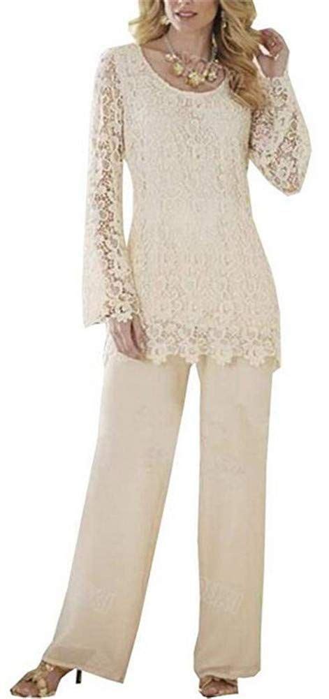 2 Pieces Mother Of The Bridal Pant Suits Long Sleeve Chiffon Lace Women