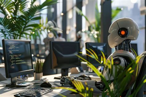 robot programmer with multiple computers in modern office premium ai