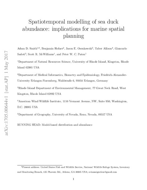 Pdf Spatiotemporal Modelling Of Sea Duck Abundance Implications For