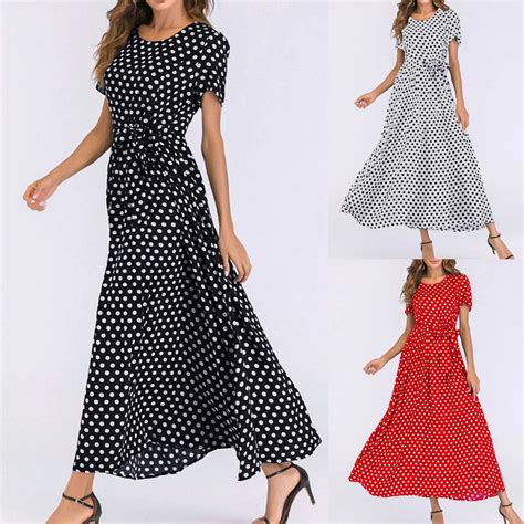 여성용 우아한 O 넥 반팔 드레스 해변 폴카 도트 붕대 롱 맥시 드레스 여름 신상 Aliexpress