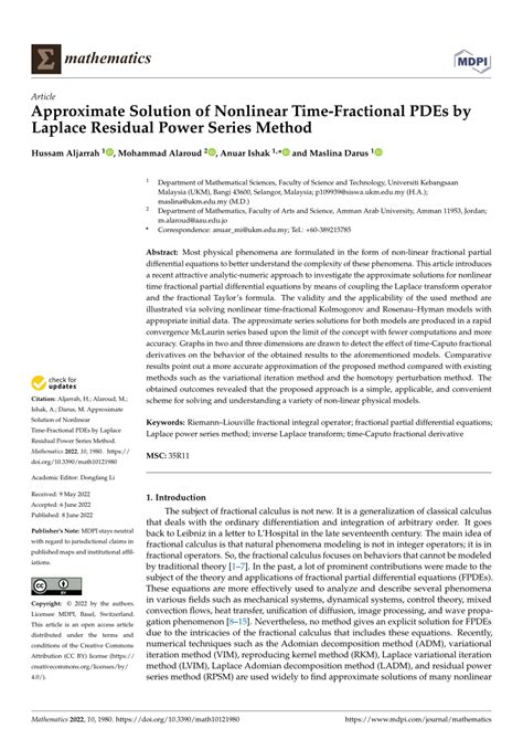 Pdf Approximate Solution Of Nonlinear Time Fractional Pdes By Laplace Residual Power Series Method