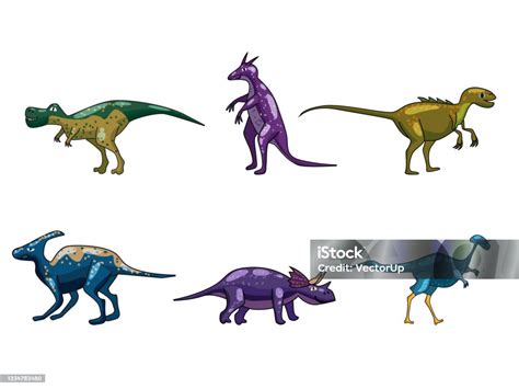 재미있는 선사 시대 공룡 티라노사우루스 트리케라톱스 브론토사우루스를 설정합니다 컬렉션 고대 야생 괴물 파충류 만화 스타일 격리된 벡터 개체 그룹에 대한 스톡 벡터 아트 및
