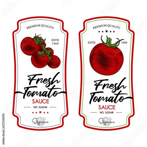 Tomato Ketchup Sauce Badge Label Design Set Vector Hand Drawn Illustration Of Tomatoes In