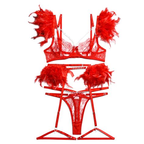Red Lace Lingerie Set With Feather Trim Chain Strappy 34 Cup