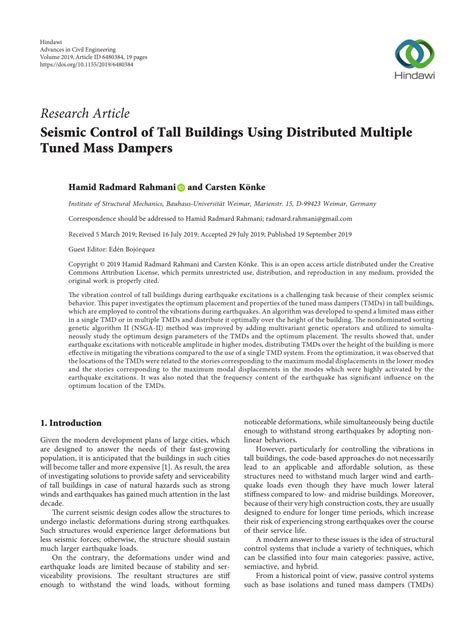 Pdf Seismic Control Of Tall Buildings Using Distributed Multiple Tuned Mass Dampers