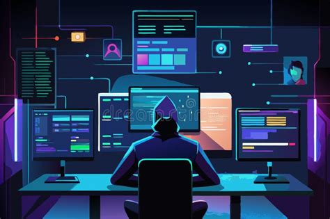 Futuristic Coding Workspace With Glowing Screens Showing Programming Code And Graphs In A Dark