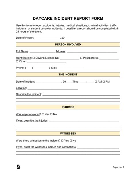 Free Daycare Incident Report Form PDF Word EForms ReportForm Net