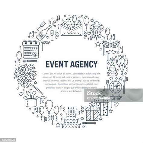 이벤트 대행사 생일 파티 배너 벡터 라인 아이콘 음식 생일 케이크 풍선 장식 꽃 배달 초대 카드의 광대 파티 조직 서비스의 얇은 선형 표시 결혼식에 대한 스톡 벡터 아트 및
