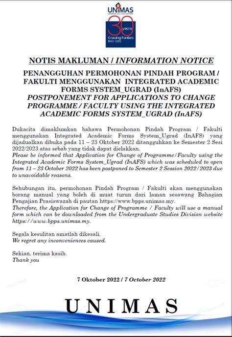 Notis Penangguhan Permohonan Program Fakulti Menggunakan Integrated