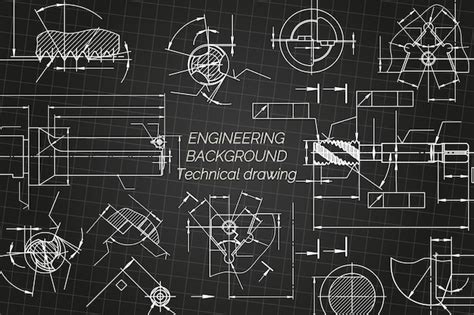 검은 바탕에 기계 공학 도면 ⁇ 프 도구 보러 절단 도구 밀링 절단 기술 디자인 커버 블루프린트 ⁇ 터 일러스트레이션 프리미엄 벡터