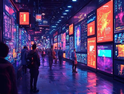 A High Tech Control Room Or Trading Floor Filled With People Dramatic Lighting Large Screens