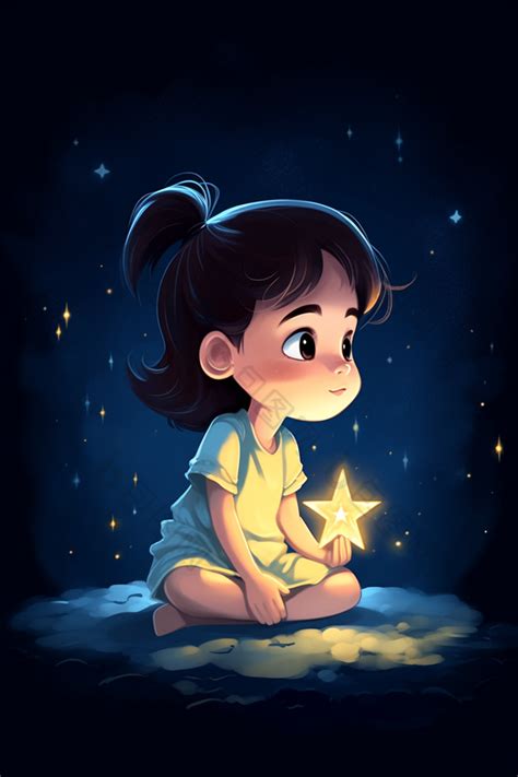 星空女孩星星坐着地面上插画图片 包图网