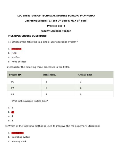 Operating System Practice Set Btech And Mca