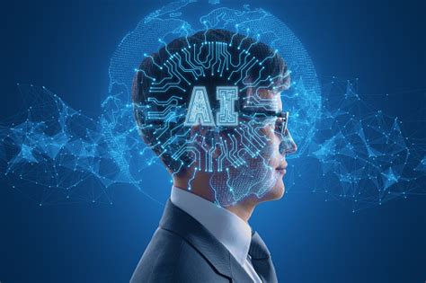 안경을 쓴 사업가의 옆 초상화와 빛나는 디지털 다각형 Ai와 파란색 배경에 지구 홀로그램 인공 지능 메타버스 및 기술 개념입니다 이중 노출 3차원 형태에 대한 스톡 사진 및