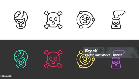 세트 라인 행성 지구와 방사선 뼈 두개골 경고 흑백에 방사성 및 원자력 발전소 벡터 검은색에 대한 스톡 벡터 아트 및 기타