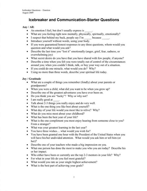 Alumni Forum Services Resources Icebreaker Questions Sorted By Emotion