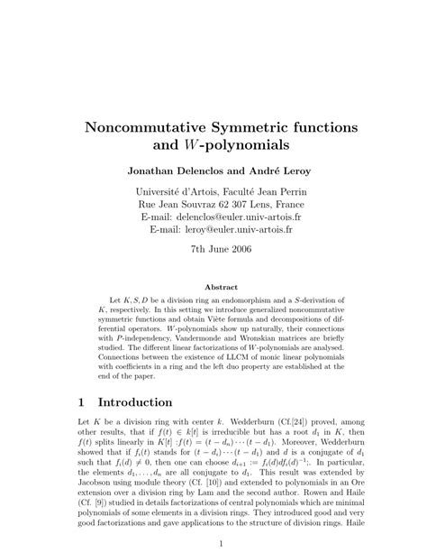 pdf noncommutative symmetric functions and w polynomials