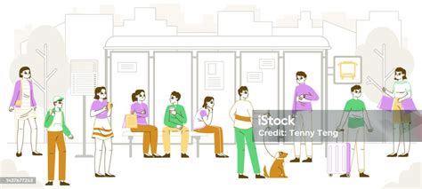 버스 정류장에서 버스를 기다리는 승객들 대중 교통 통근 시내 버스 서 있고 벤치 승객 캐릭터 평면 벡터 삽화에 앉아 있습니다